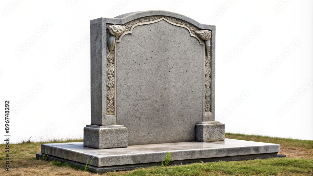 Weathered grey granite headstone with intricate carvings and faded ...