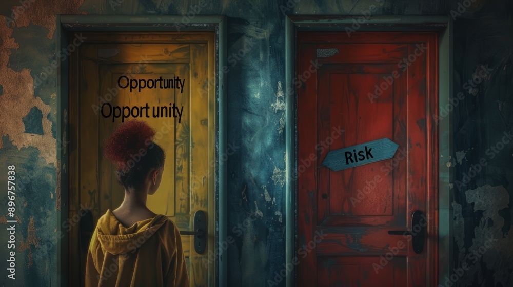 a person standing before two doors, one labeled "Opportunity" and the ...