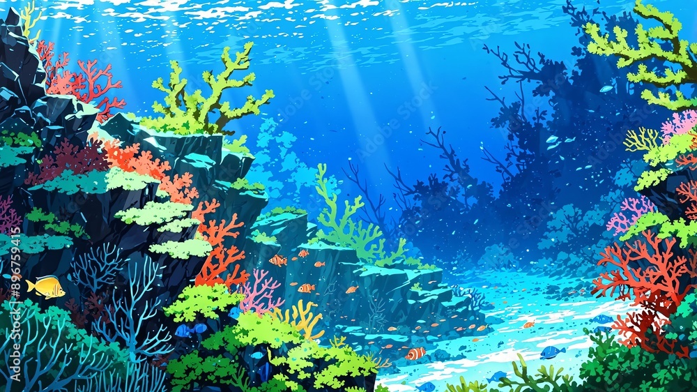 coral reef underwater scene background design cartoon anime ...