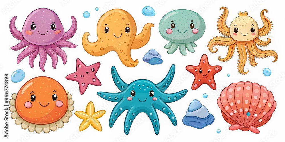 Beautiful kid's set with hand drawn cute sea little animals such as ...