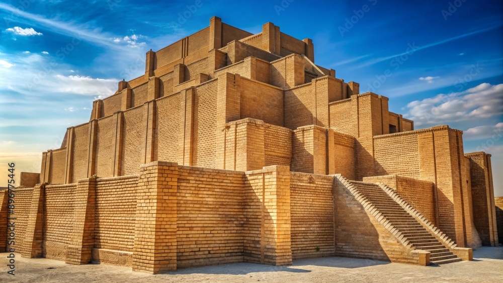 Ancient Babylonian ziggurat with intricate carvings and brickwork ...