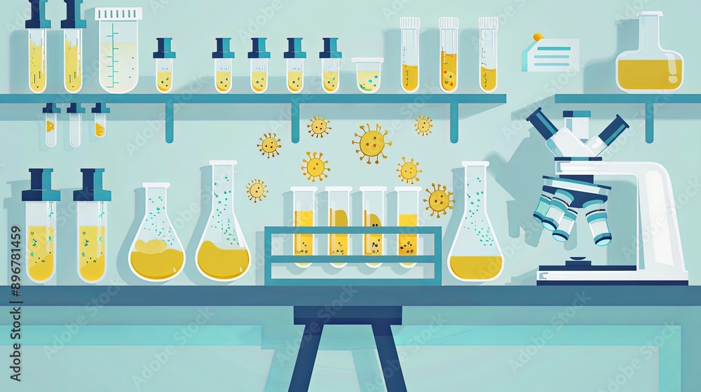 illustration of a microbiology lab featuring test tubes, beakers, a ...