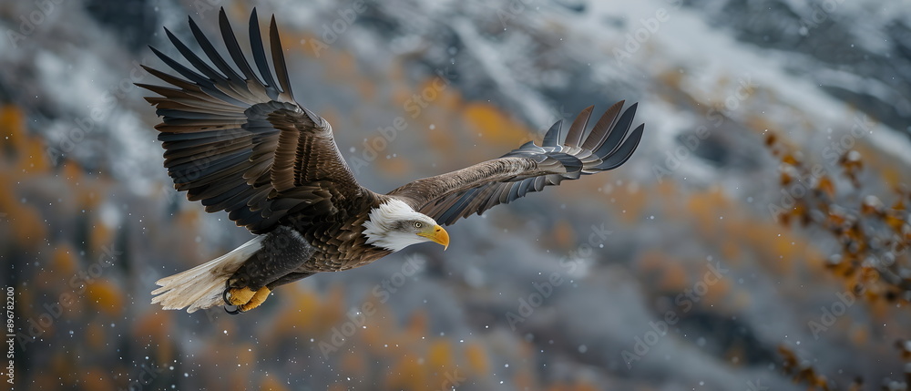 Soaring eagle over a wintry ocean landscape at sunset, Sea eagle are ...