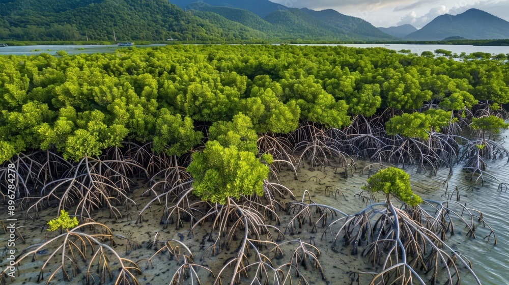 Aerial view of a coastal mangrove forest, intertidal habitat, root ...