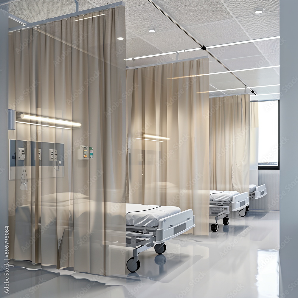 Interior of clean and modern hospital room with 3 medical beds ...