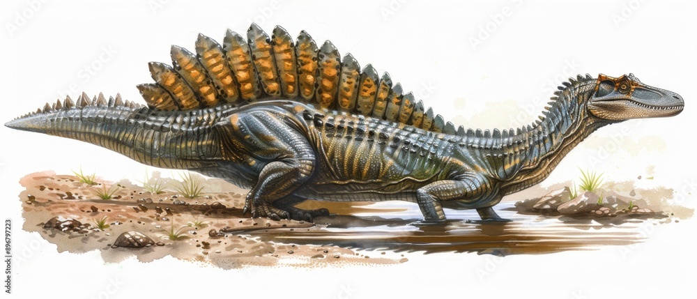Realistic illustration of a dinosaur with elongated sail on its back ...