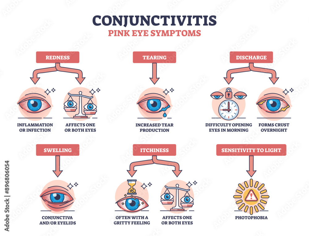 Conjunctivitis or pink eye symptoms with medical examples outline ...