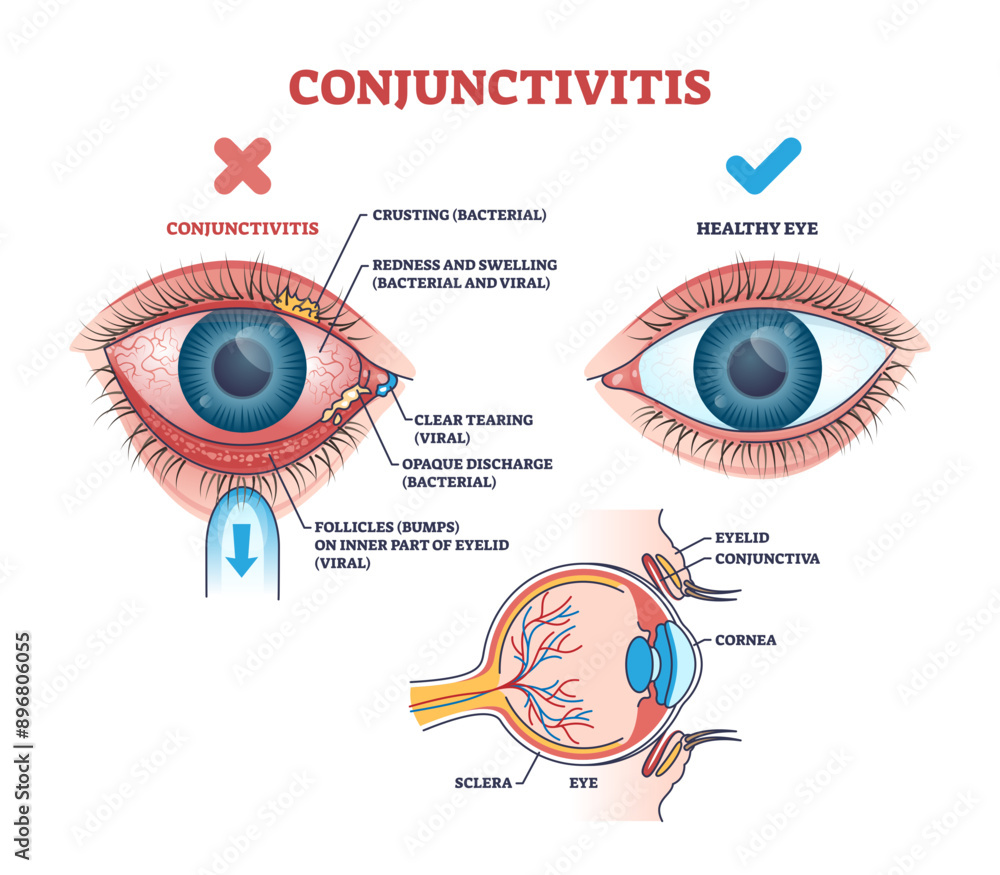 Conjunctivitis pink eye medical condition explanation outline diagram ...