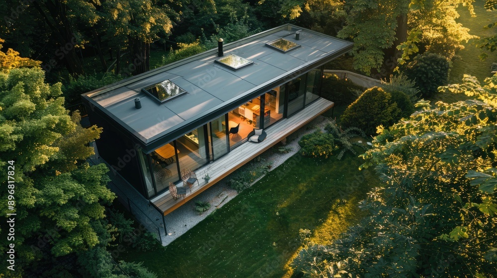 Modern-style small cottage house, with an aerial perspective showing ...