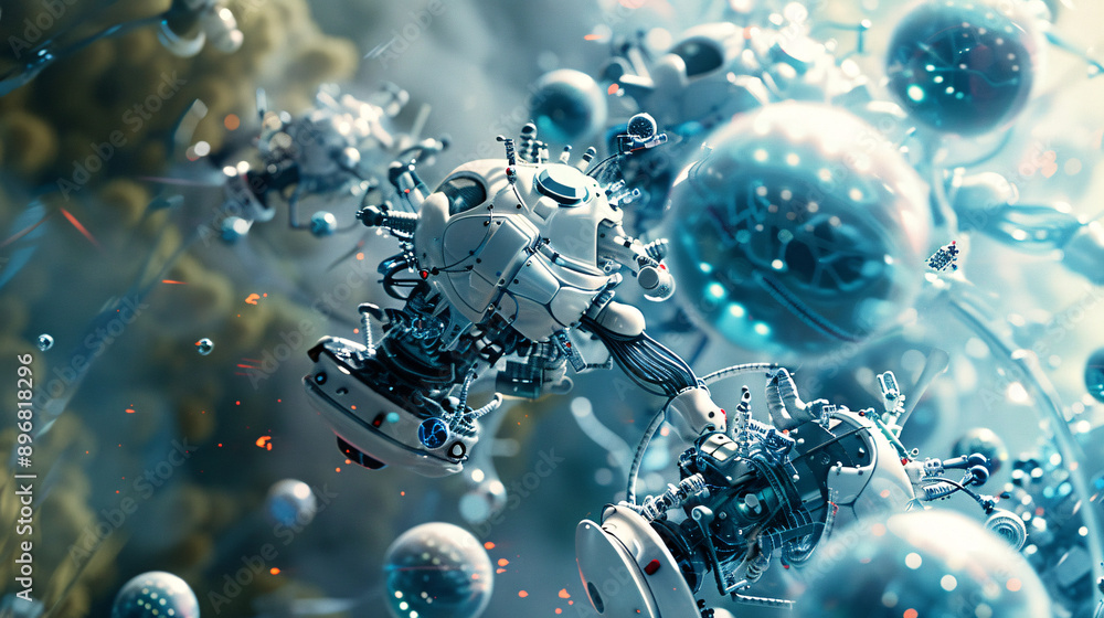 Detailed image of a group of nanotechnology robots performing complex ...