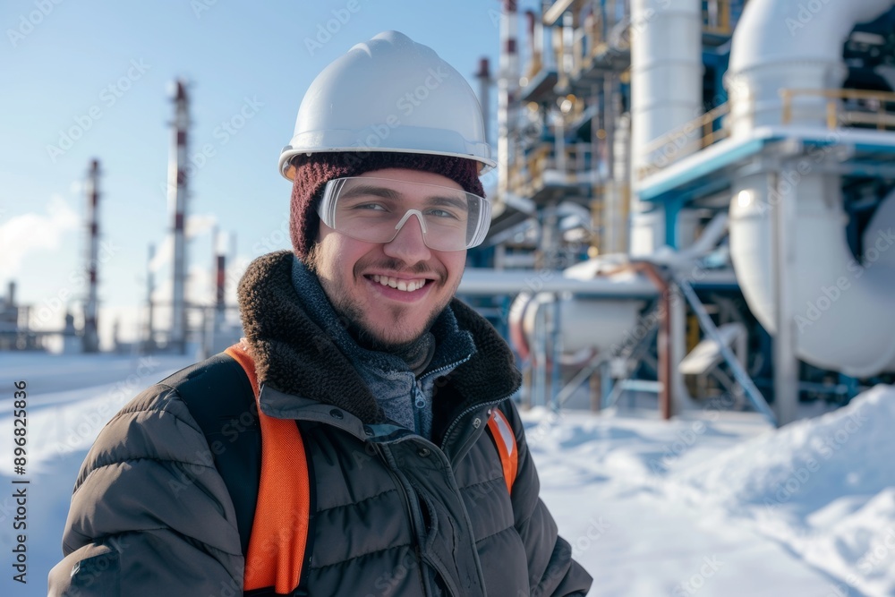 Portrait of a happy young engineer in winter attire and hardhat ...