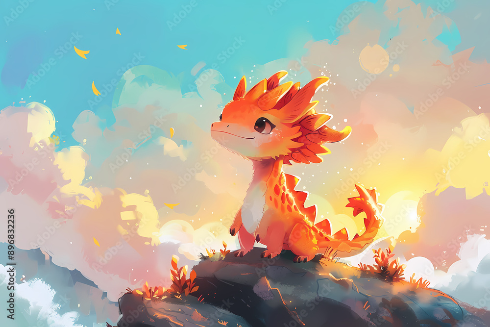 Little Dragon, Big Dreams: An adorable fire-breathing dragon perches atop a mountain peak ...