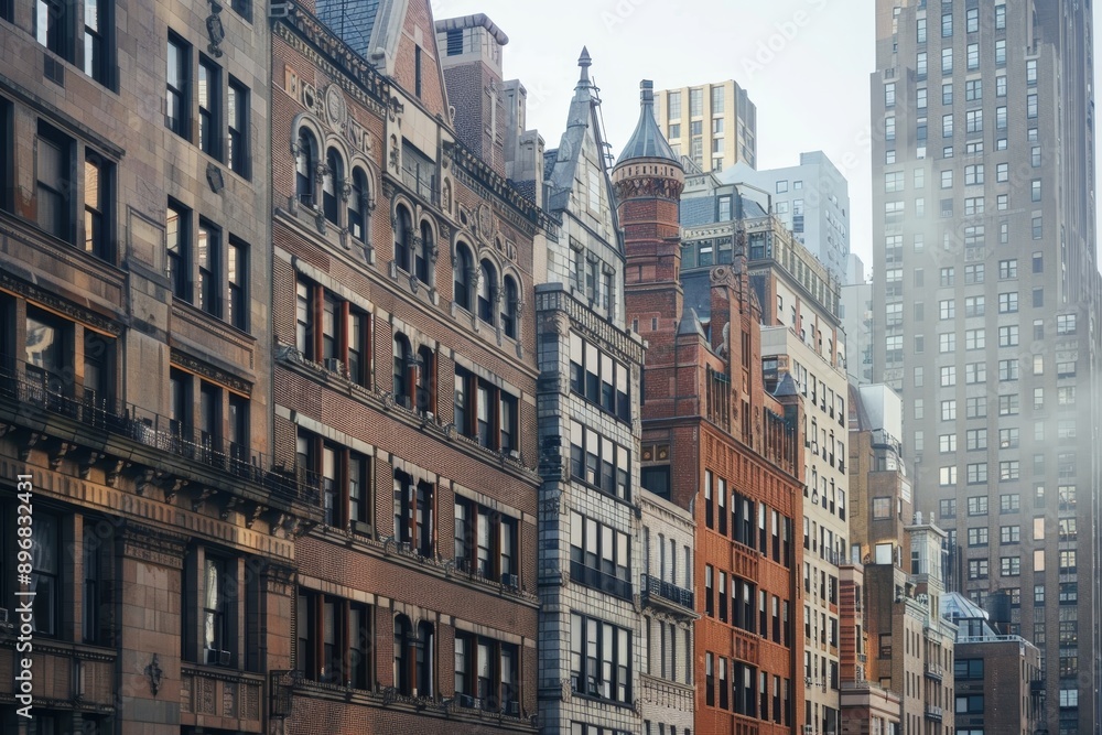 Multiple tall buildings line a city street with unique architectural ...