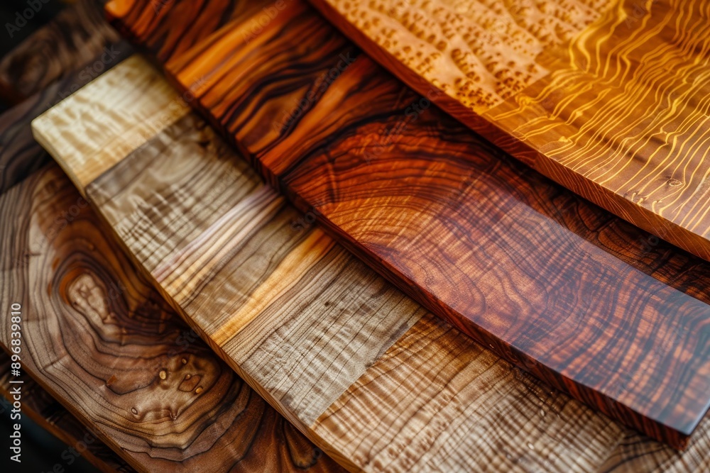 A group of exotic wood cutting boards stacked on top of each other ...