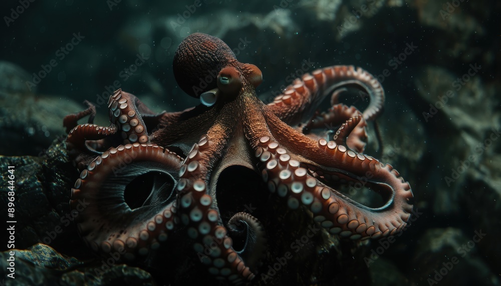 A close-up of a large octopus with its tentacles curled around rocks ...