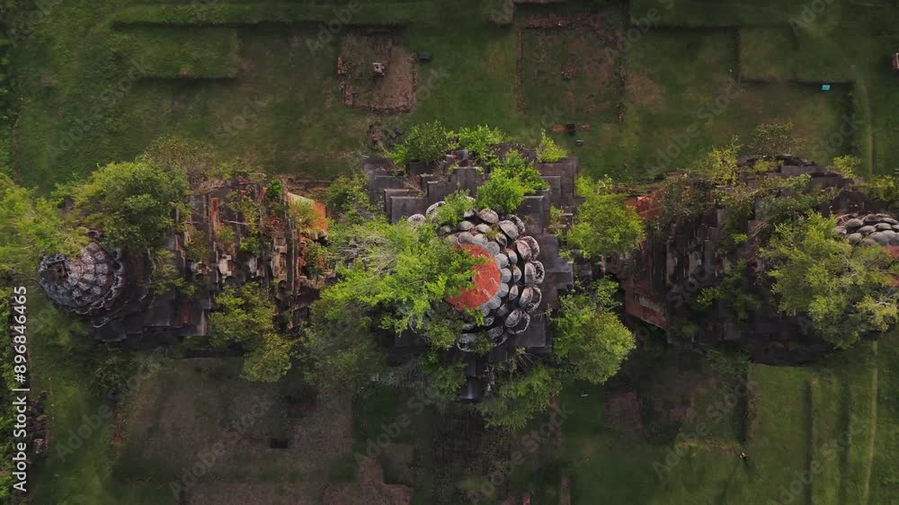 Cham temple towers, Duong Long, Vietnam. Drone birds eye lift above the ...