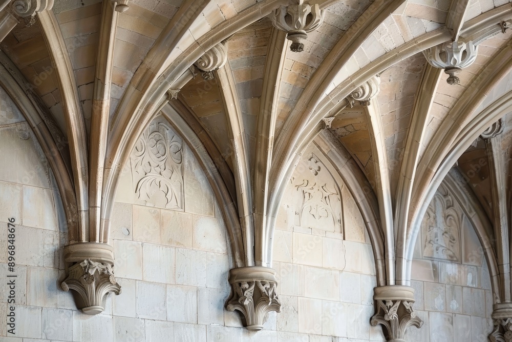 Pointed arches of a building are intricately decorated with ornate ...