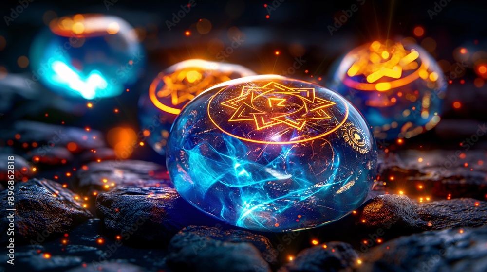 Glowing rune stones, magical symbols, ancient power Stock Illustration ...