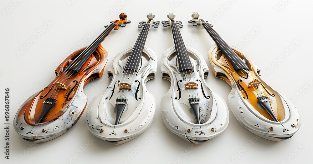 View of old Violin arranged in rows on white background, diagonal ...