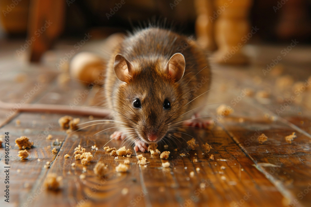 Fat rat eating crumbs in restaurant cafe kitchen. Lack of Hygiene, and ...