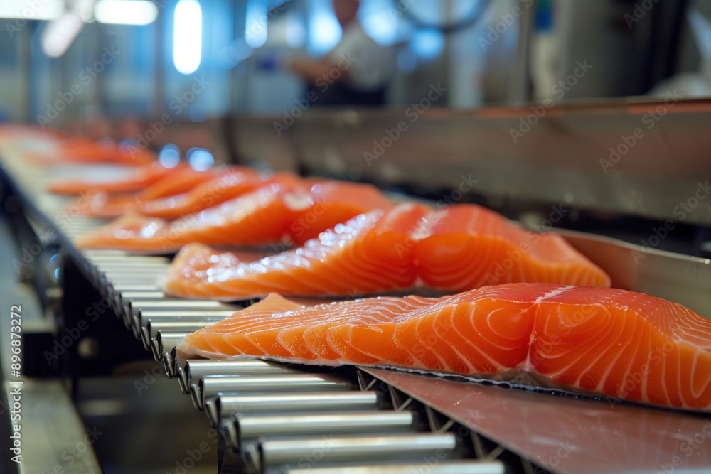 Conveyor belt is moving the fillet along the processing line ...
