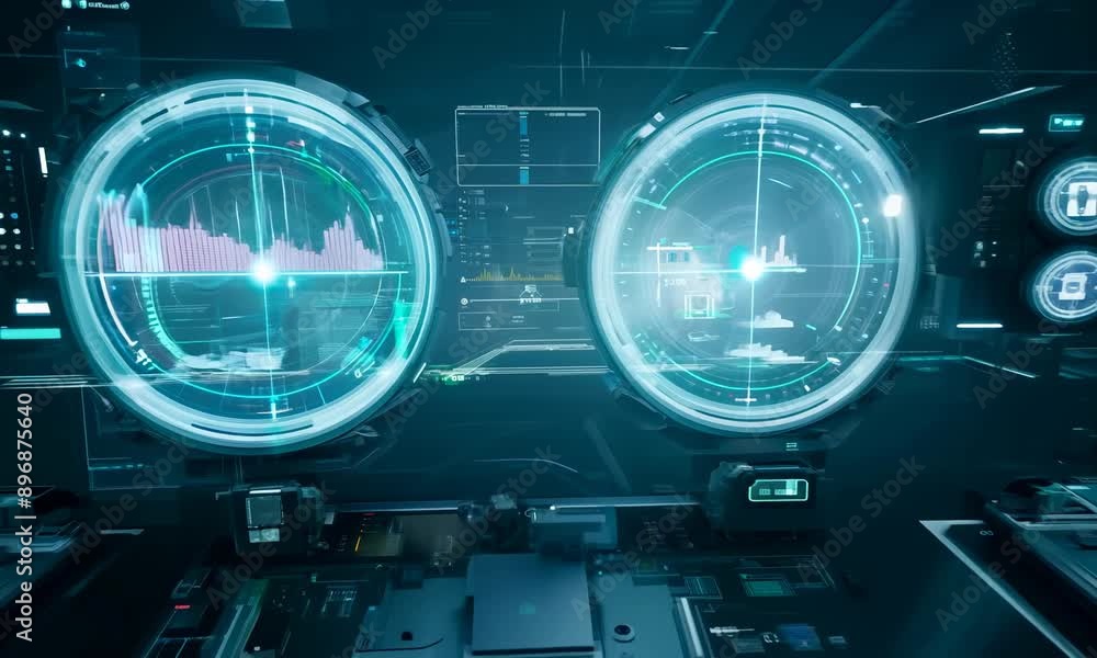 A high-tech control room featuring futuristic interfaces and holographic displays with data ...