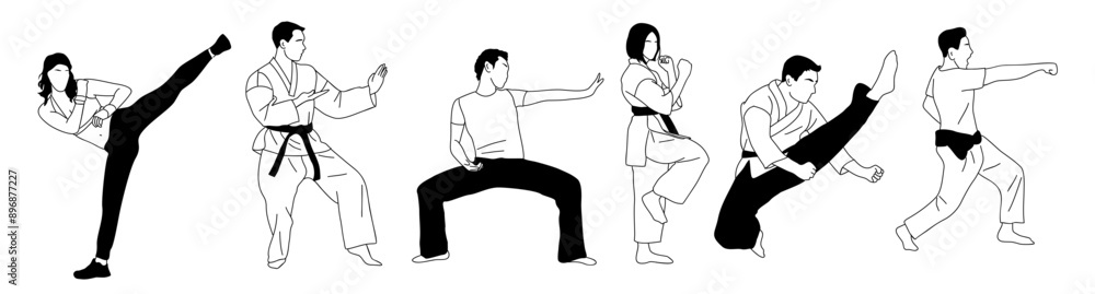 Martial art training male, female outline characters set. People doing ...