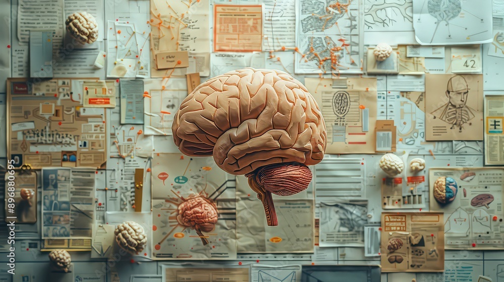 detailed and artistic image of a human brain surrounded by various ...