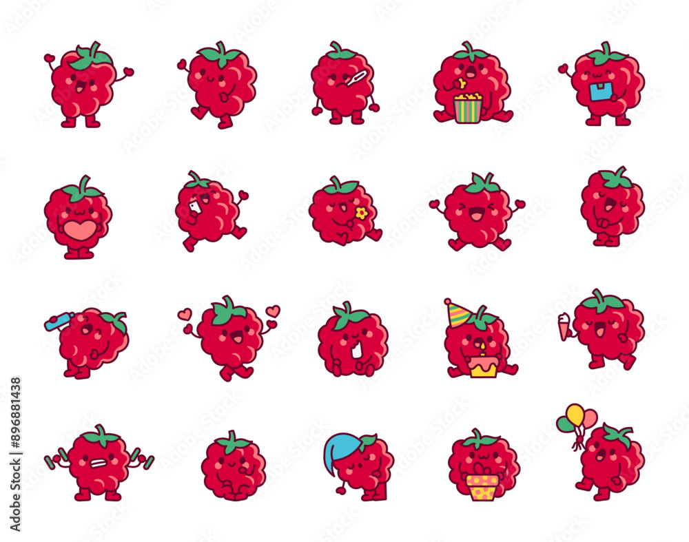 Cute raspberry character. Adorable berry cartoon food character. Hand ...