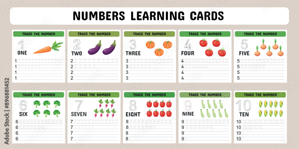 Cards for learning numbers from 1 to 10 with vegetables. Kindergarten ...
