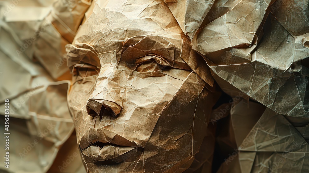 detailed sculpture of a woman's face made from crumpled paper ...
