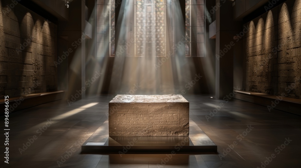 A solitary stone altar in a dimly lit chamber, bathed in ethereal light ...