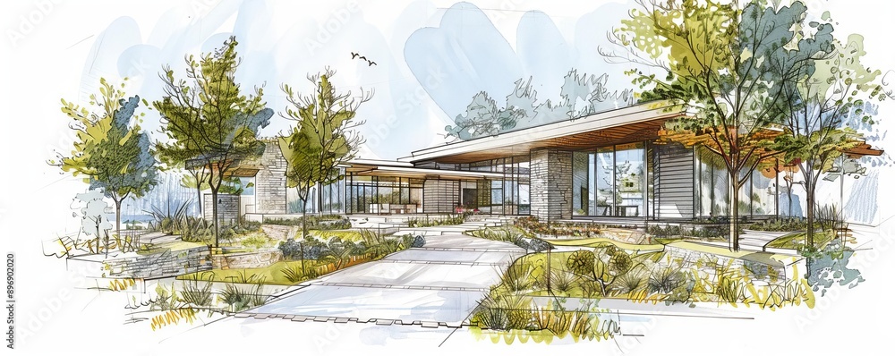 Architectural sketch of a modern house with detailed landscape planning ...