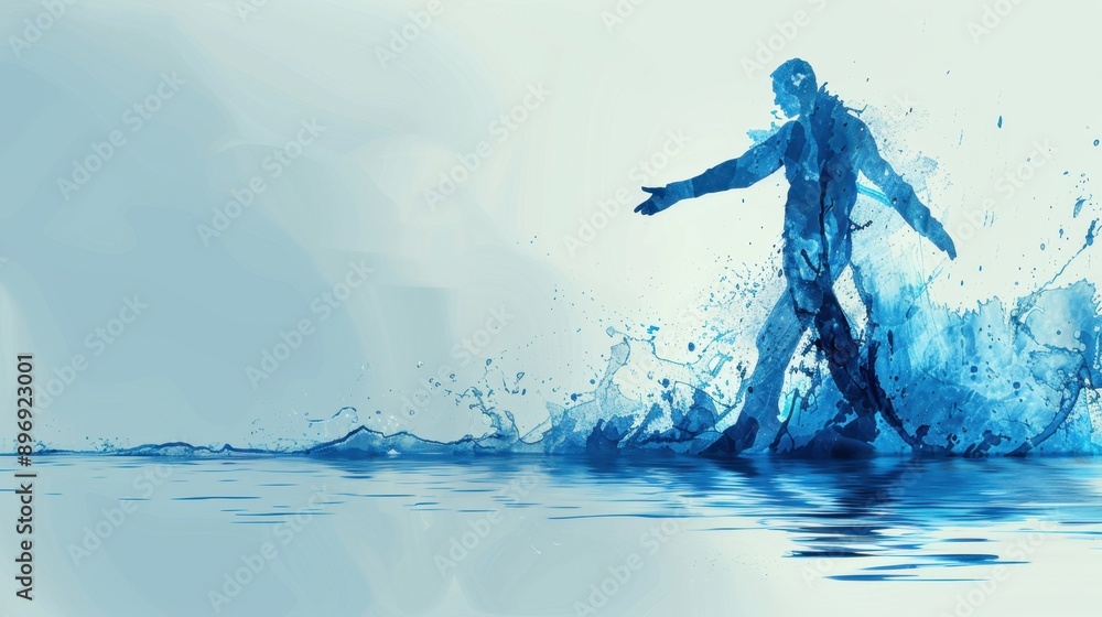 Abstract digital artwork of a man made of flowing water, blending into ...