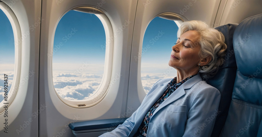Senior business woman sleeping on plane during flight. Elegant woman ...