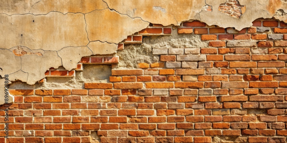 Fault in a brick wall covered with stucco, crack, defect, construction ...