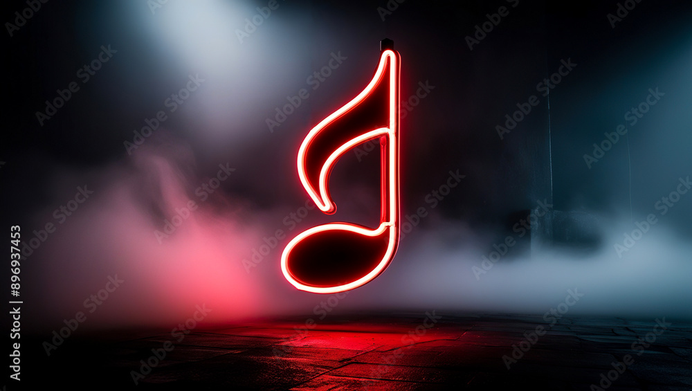 Red neon glowing Music note in a foggy and dark background, Music notes ...