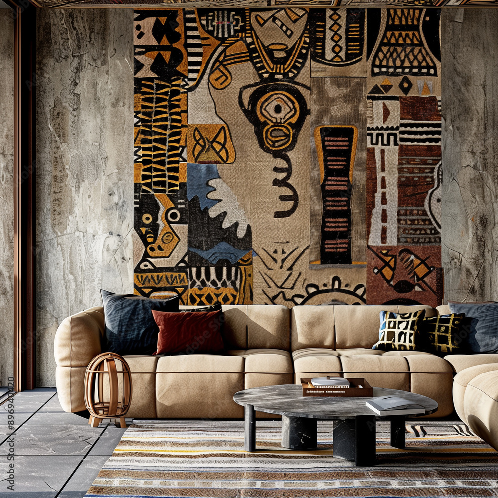 A dynamic African tribal wallpaper featuring bold patterns, earthy ...