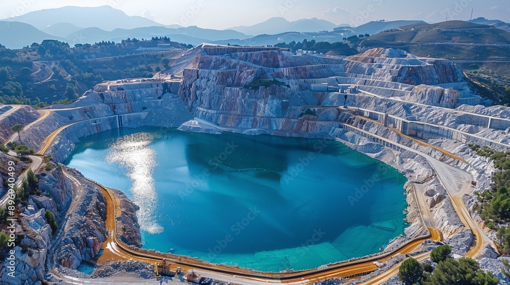 Bird's-eye view of a massive quarry and building site at Ecometais, a ...