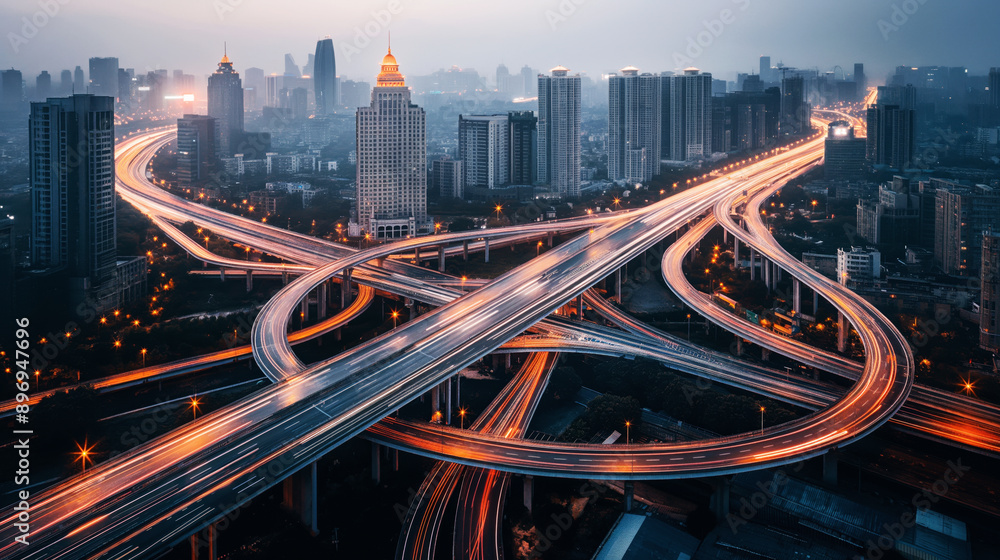 Aerial view of a busy, illuminated multi-level highway interchange in a ...