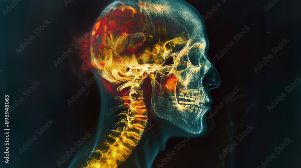 An X-ray of a man's head shows his skull and neck. The neck is ...