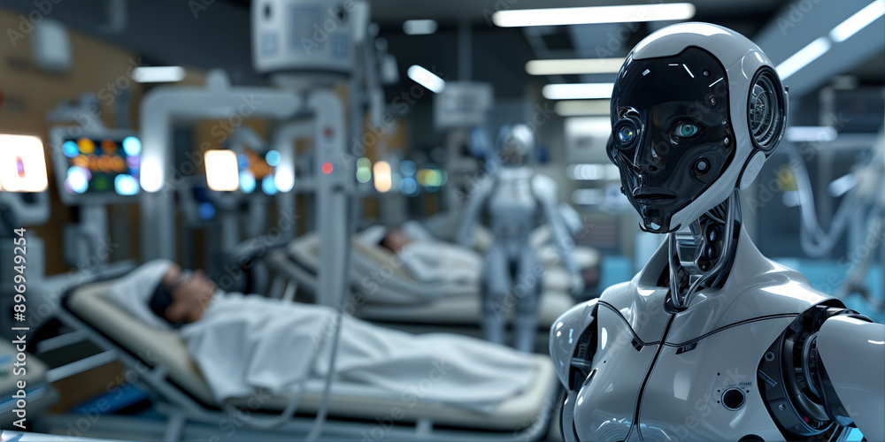 Medical robot in a high-tech hospital ward. Artificial intelligence in ...