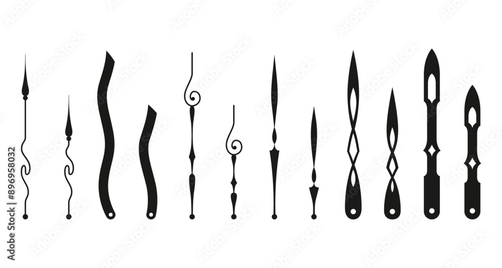Clock pointer arrows. Black silhouette chronometer elements. Clock arms ...