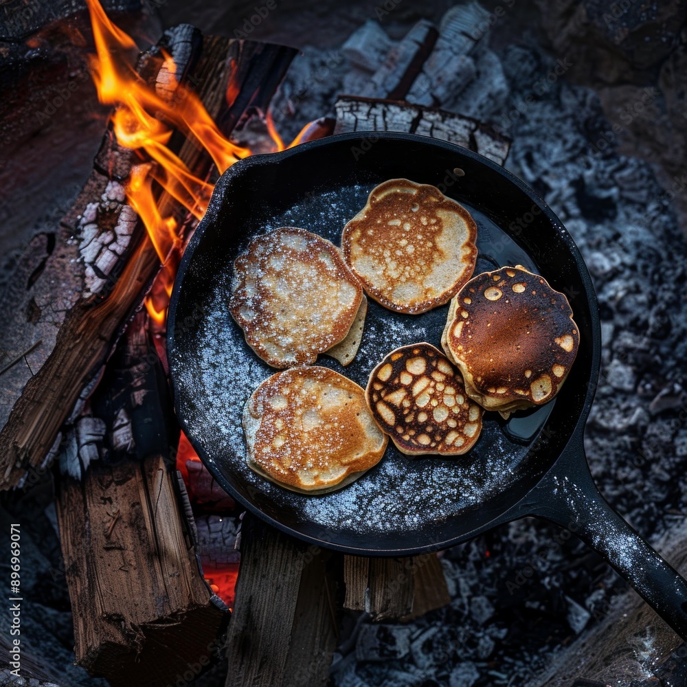 A rustic scene showing pancakes cooking over a campfire in a skillet ...
