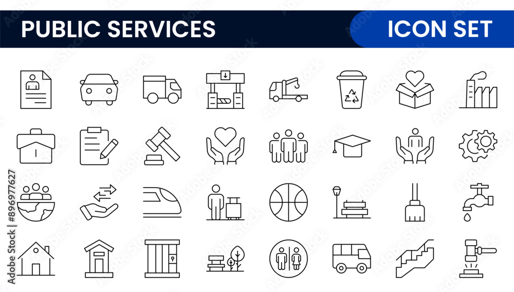 Set of outline Public Services icons. Minimalist thin linear web icon ...