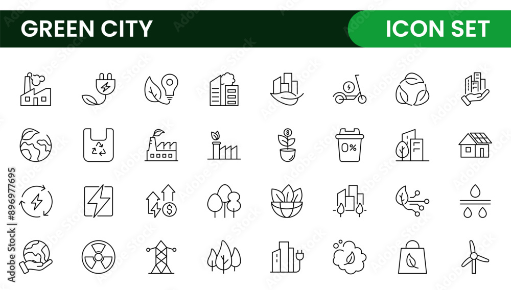 Line icons about green city. Sustainable development. Contains such ...
