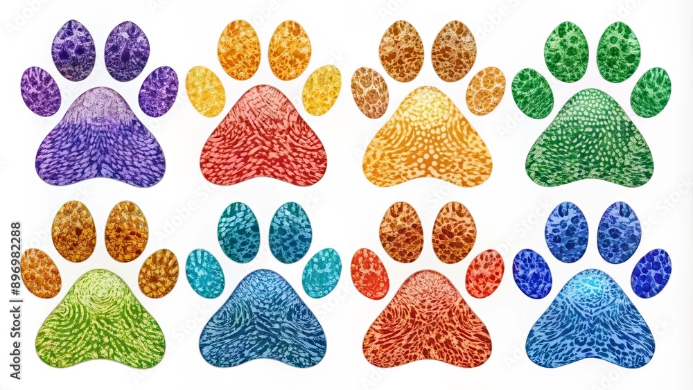 Varied colorful animal paw print vector illustrations of wolf, bear ...