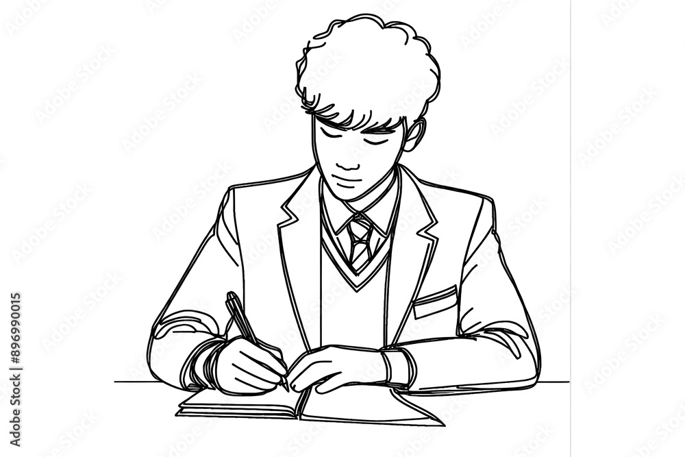 Continuous single line drawing of a teenage high school student reading ...