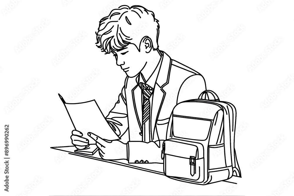 Continuous single line drawing of a teenage high school student reading ...