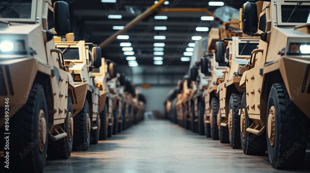 A row of military armored vehicles in a warehouse, showing the heavy ...